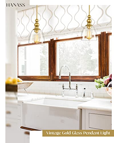 HANASS Pendant Lights, Brushed Gold Pendant Lighting for Kitchen Island, Clear Glass Pendant Light Fixtures, Hanging Light Fixtures with Adjustable Height, MD89426-A