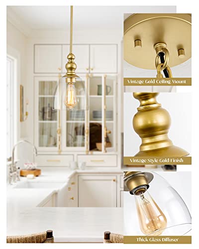 HANASS Pendant Lights, Brushed Gold Pendant Lighting for Kitchen Island, Clear Glass Pendant Light Fixtures, Hanging Light Fixtures with Adjustable Height, MD89426-A