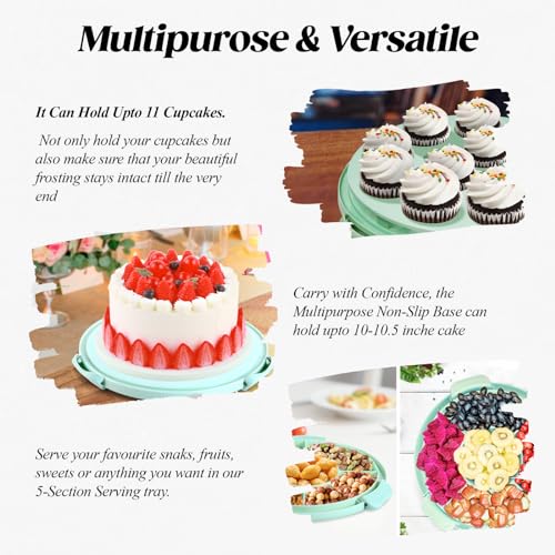 Plastihut Cake Carrier With Lid and Handle – All In 1 Multipurpose Cake Storage Container Fits 10" Cake, 11 Cupcakes & A Cake Plate Serves as 5 Section Serving Tray for Snacks & Fruit - Mint