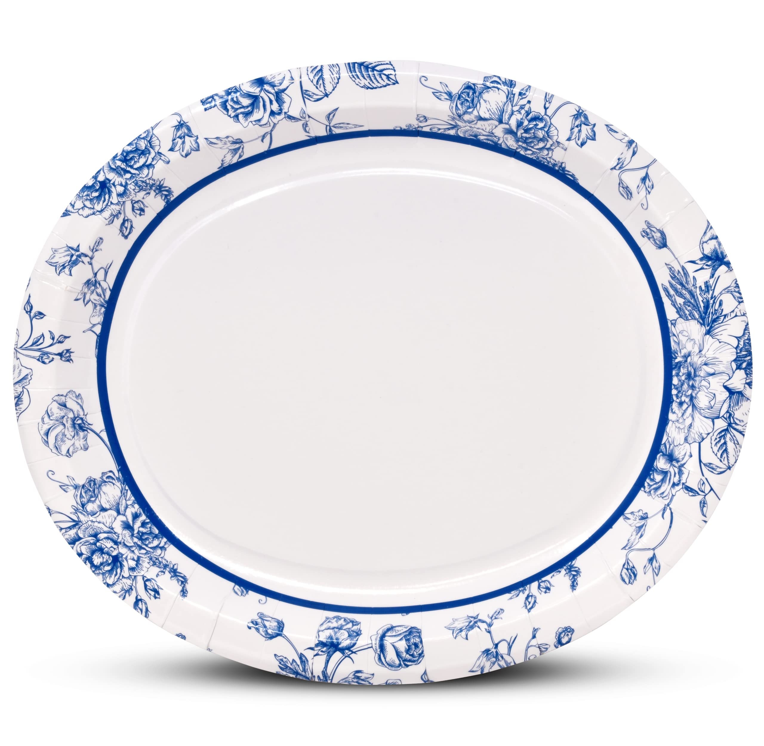 Gift Boutique 50 Blue Floral Oval Paper Plates 10" X 12" Large Disposable Platters Spring Summer Flowers Serving Dish Tray for Birthday Party Supplies