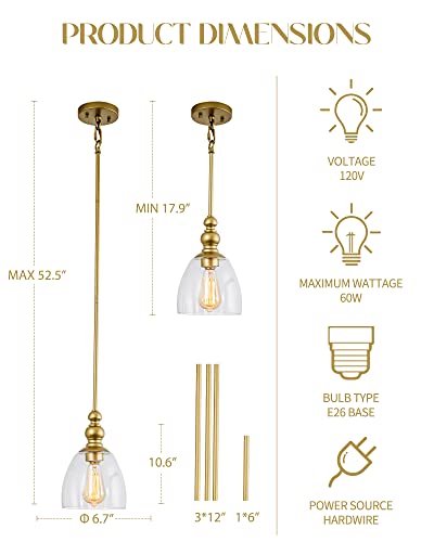 HANASS Pendant Lights, Brushed Gold Pendant Lighting for Kitchen Island, Clear Glass Pendant Light Fixtures, Hanging Light Fixtures with Adjustable Height, MD89426-A