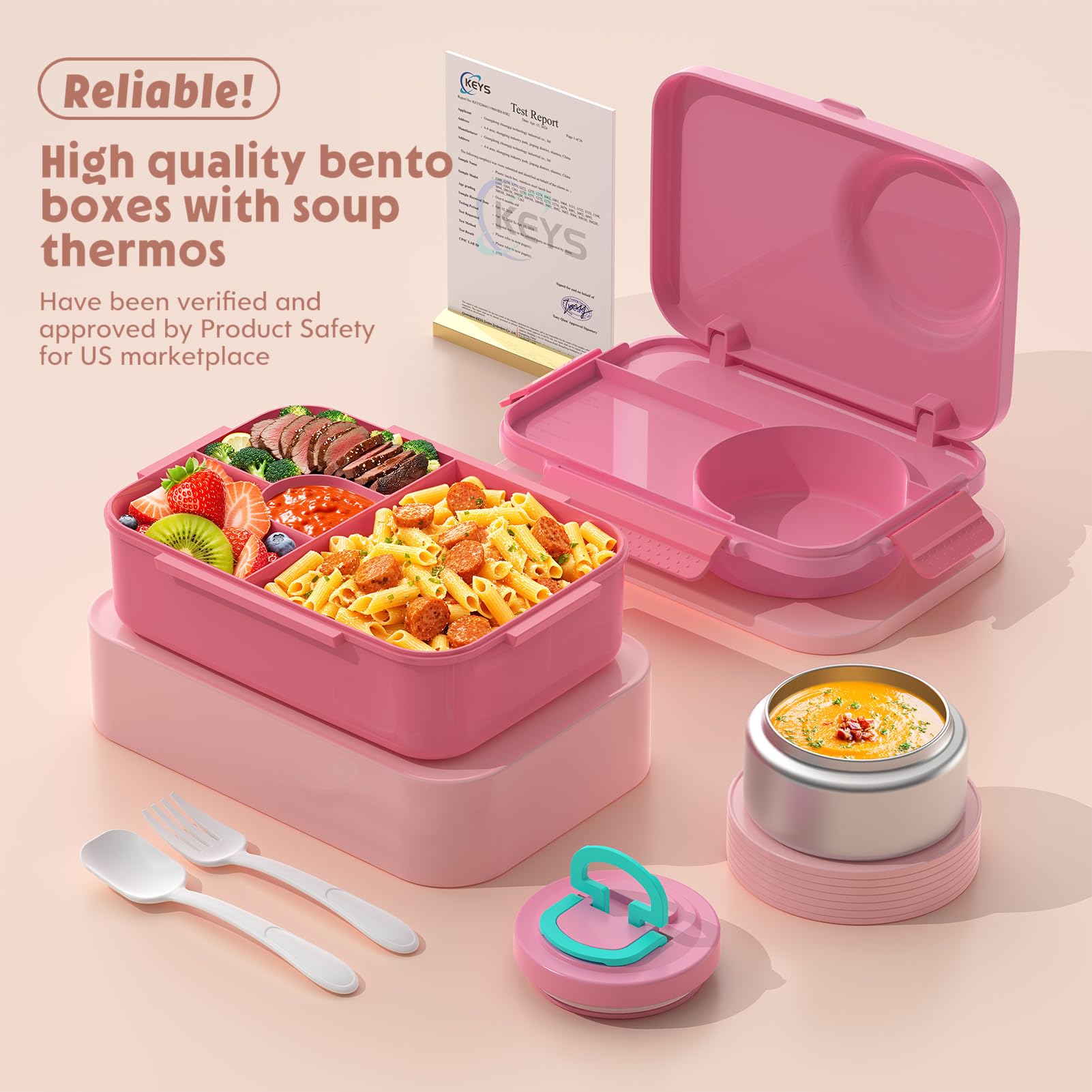 DaCool Lunch Box Kids Bento Box 7.5 Cups with 4-Compartment Leakproof BPA Free Toddler Girls Lunch Containers with Fork Spoon for Meal Snack On-the-Go School Picnic, Microwave Dishwasher Safe, Pink