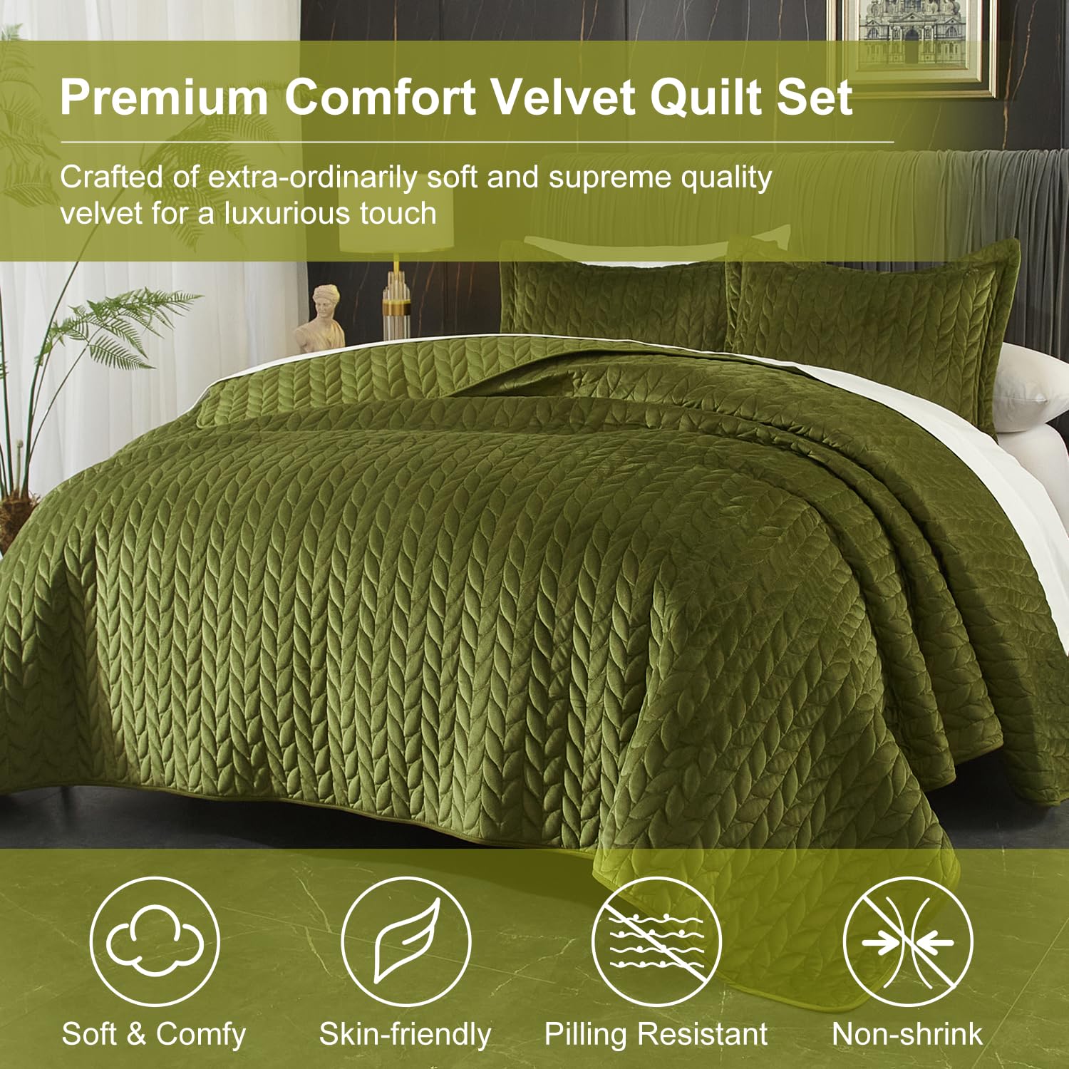 Ivellow Velvet Quilt Queen Size Green Lightweight Velvet Comforter Set Oversized Bedspread Coverlet Full for All Season 3Pcs Luxury Quilted Bedding