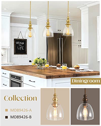 HANASS Pendant Lights, Brushed Gold Pendant Lighting for Kitchen Island, Clear Glass Pendant Light Fixtures, Hanging Light Fixtures with Adjustable Height, MD89426-A