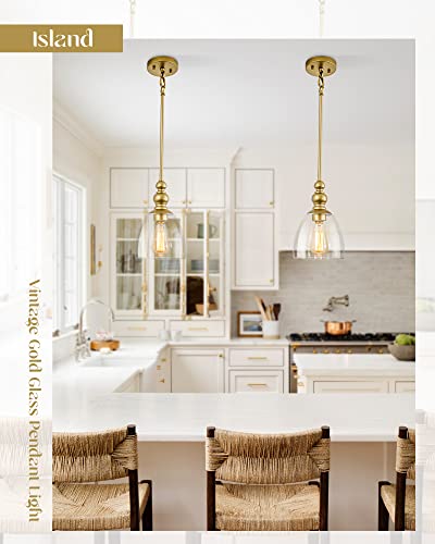 HANASS Pendant Lights, Brushed Gold Pendant Lighting for Kitchen Island, Clear Glass Pendant Light Fixtures, Hanging Light Fixtures with Adjustable Height, MD89426-A