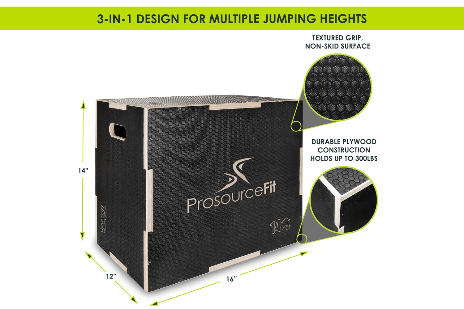 ProsourceFit 3-in-1 Wood Power Grip Non-Slip Plyometric Jump Box for Cross Training, Agility and Plyo Training, Black, 16L x 12W x 14H