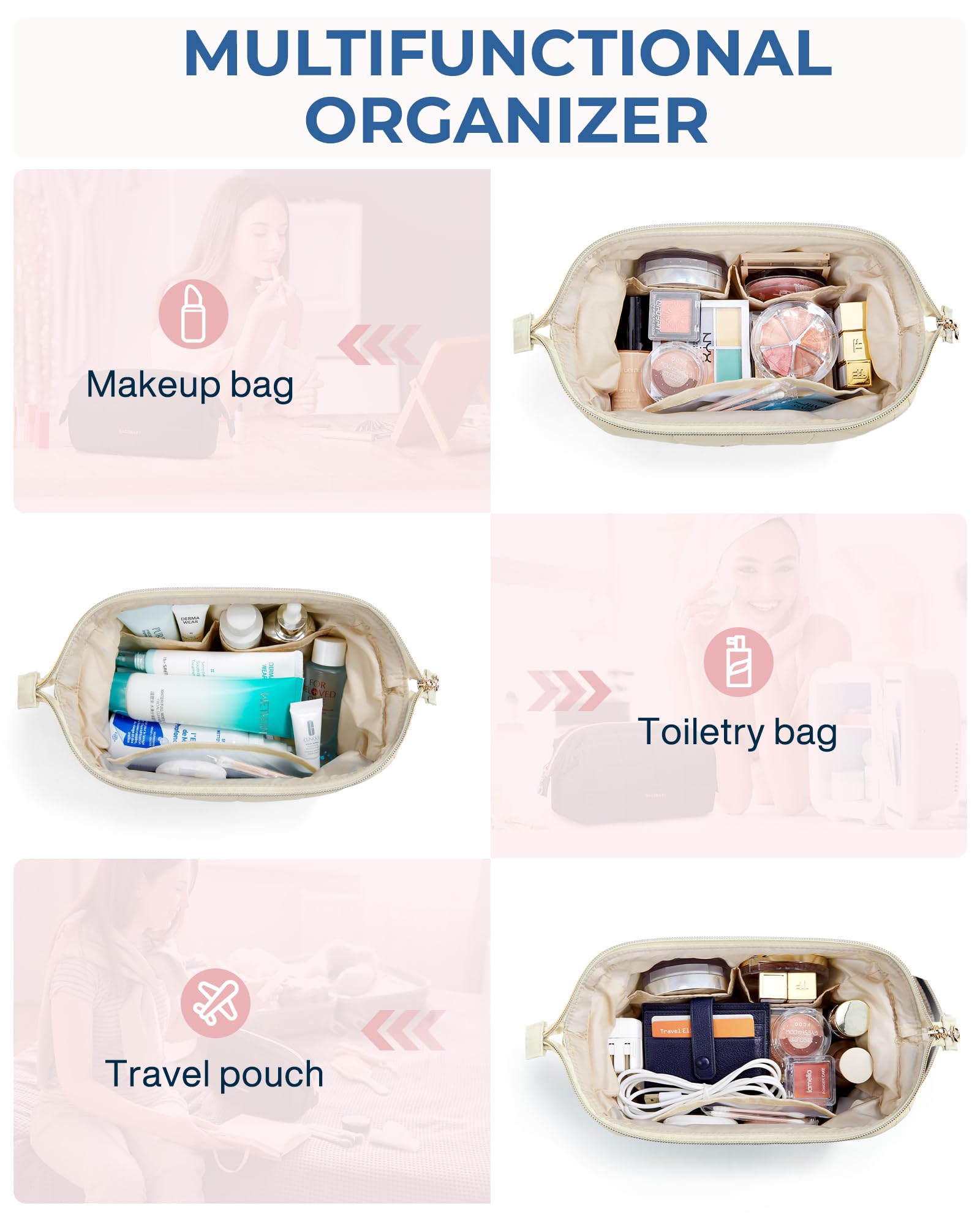 BAGSMART Makeup Bag Cosmetic Bag Wide Open, Beige, M, Wide-open Travel Makeup Bag With Puffy Padded and Rectangular Quilted