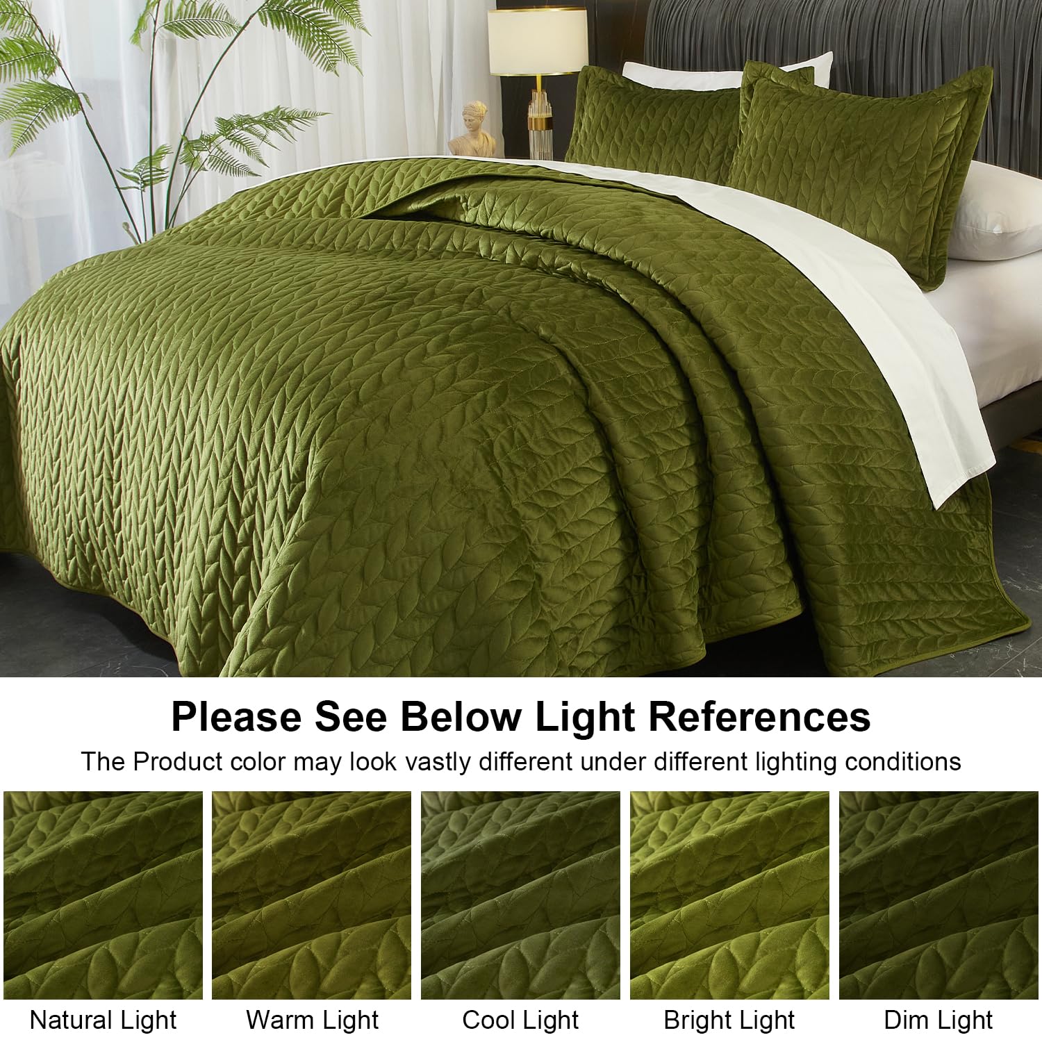 Ivellow Velvet Quilt Queen Size Green Lightweight Velvet Comforter Set Oversized Bedspread Coverlet Full for All Season 3Pcs Luxury Quilted Bedding
