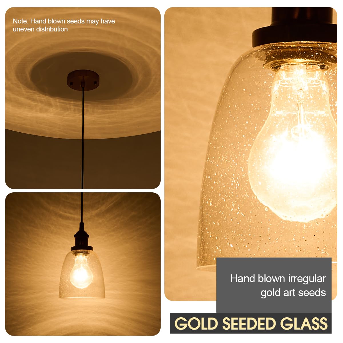 IMPIOIO Gold Pendant Light Seeded Art Glass Shade Mini Modern Hanging Light Fixture for Dining Roon, Over Sink, Hallway, Foyer