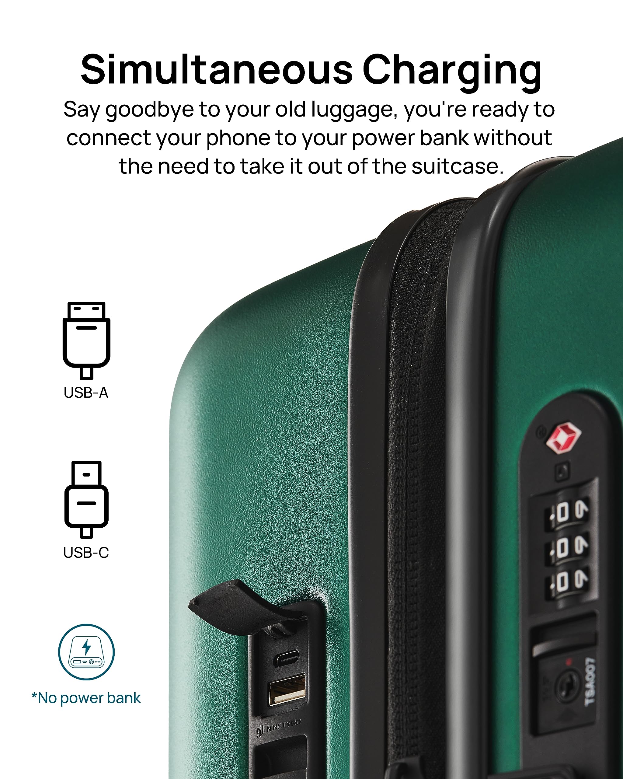 NINETYGO Carry on Luggage 22x14x9 Airline Approved with USB Port, 20 Inch Hardshell Spinner Hardside Suitcase with Wheels, TSA Lock for 3-5 Days Travel Quick Getaway Business, 38L, Emerald Green