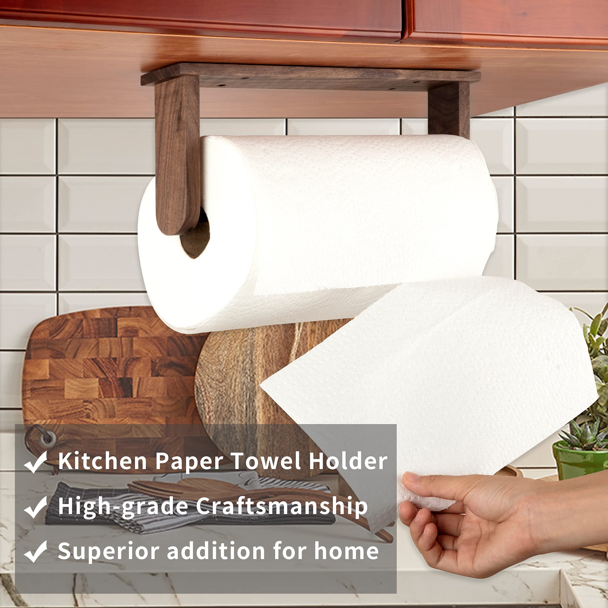 Wood-Paper-Towel-Holder-Under-Cabinet-Kitchen-Handmade - Wall Mounted/Adhesive No Drill Sturdy Roll Hanging Organizer, Horizontal Papertowel Dispenser Easytear, Handcraft Decor Gift Real Woodwork Home