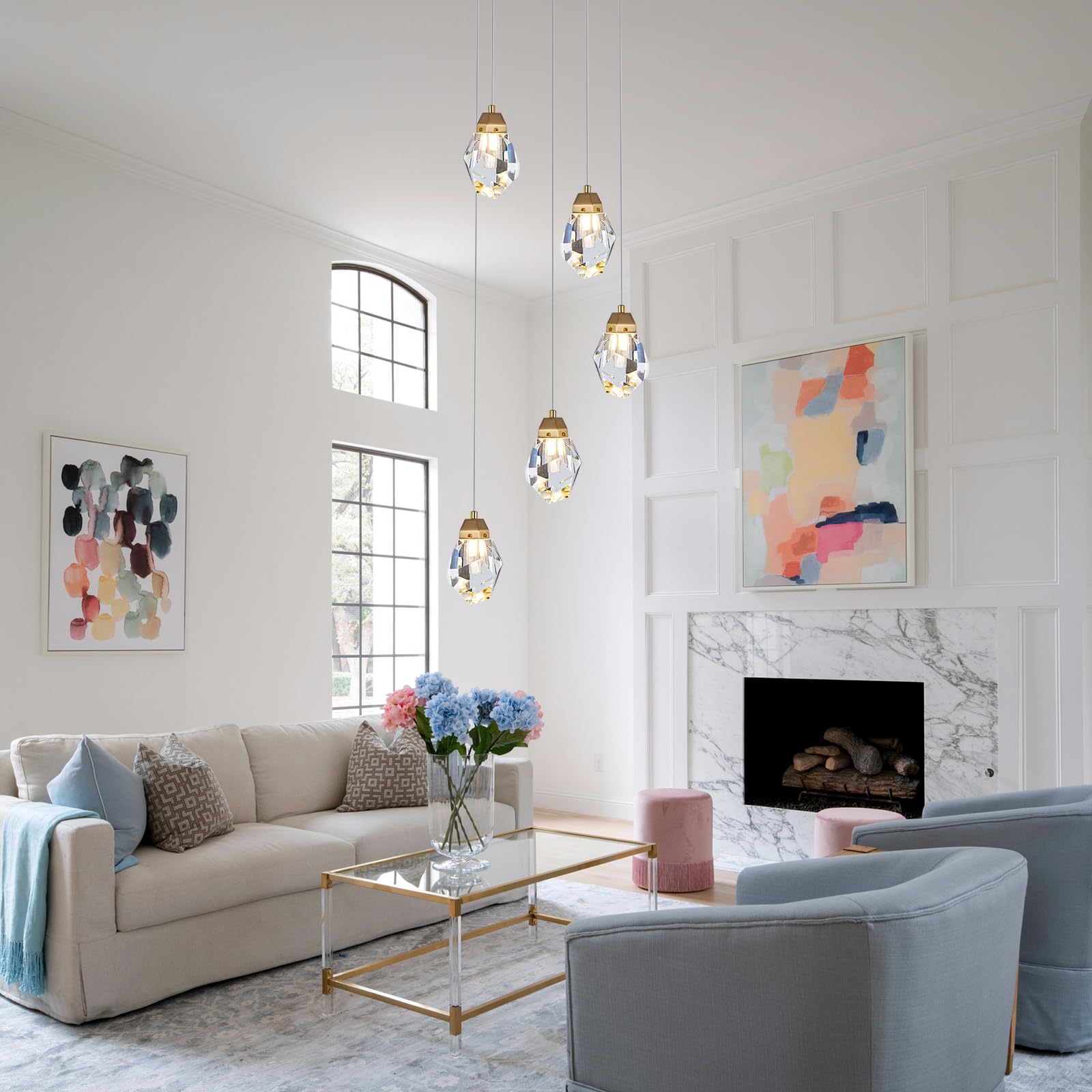 KOKAiZeeKi Dimmable Brass Gold Crystal Pendant Light - Modern 5-Light Diamond Chandelier for Kitchen Island, Dining Room, Hallway, and Bathroom
