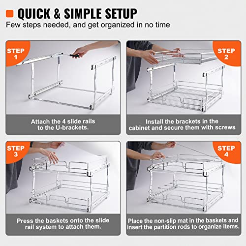 VEVOR 2 Tier 20"W x 21"D Pull Out Cabinet Organizer, Heavy Duty Slide Out Pantry Shelves, Chrome-Plated Steel Roll Out Drawers, Sliding Drawer Storage for Inside Kitchen Cabinet, Bathroom, Under Sink