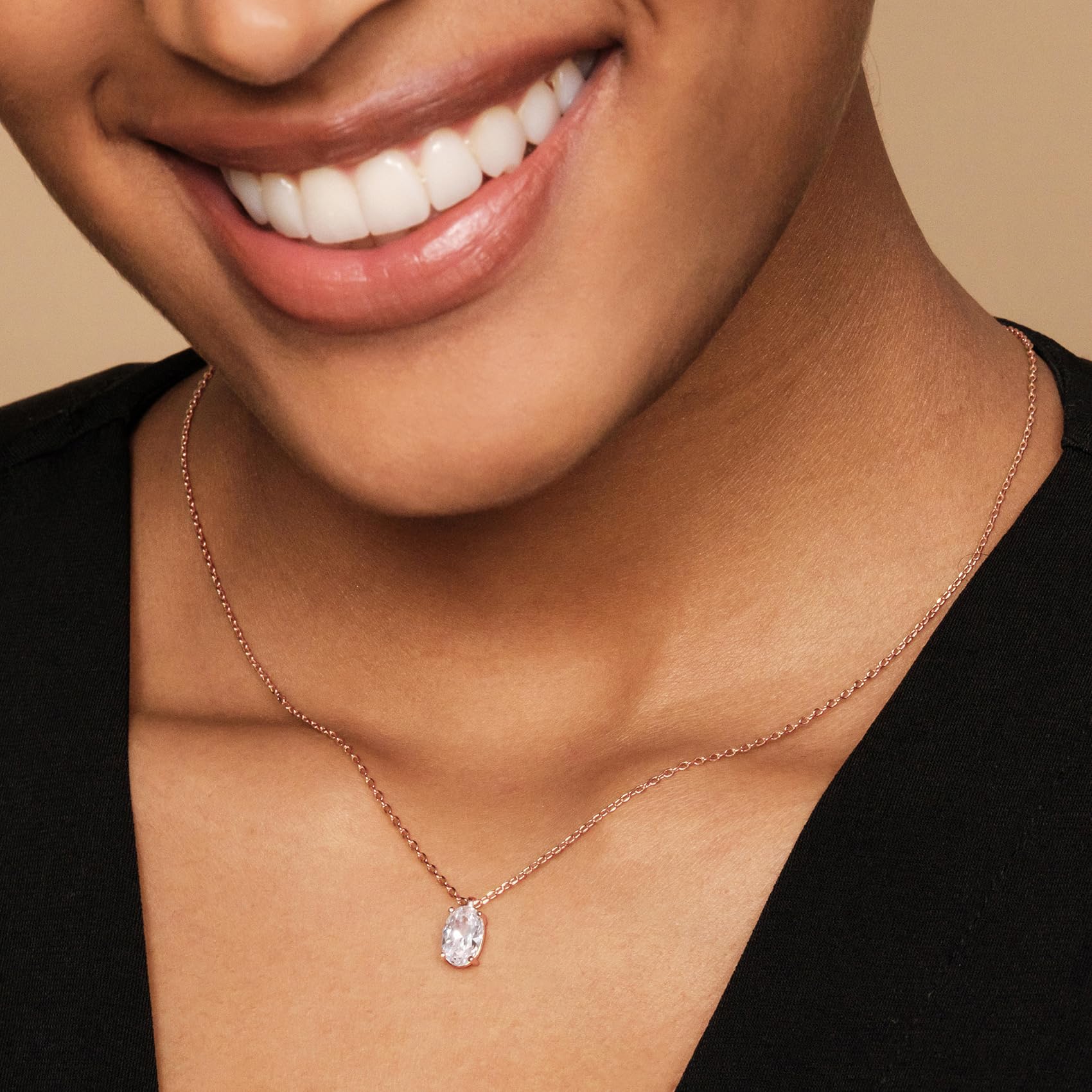 PAVOI 14K Gold Plated Sterling Silver Post Faux Diamond Oval Solitaire Pendant Halo Necklace in Rose Gold