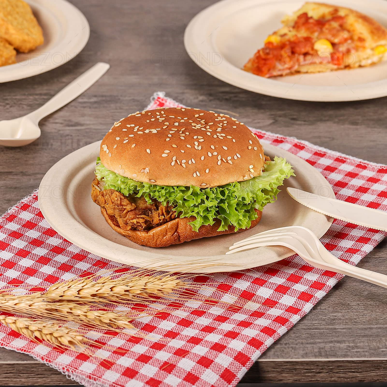 Gezond 100% Compostable Paper Plates 7 Inch, 150pcs Disposable Heavy-Duty Plates Unbleached Biodegradable Plate Made of Sugarcane Fiber