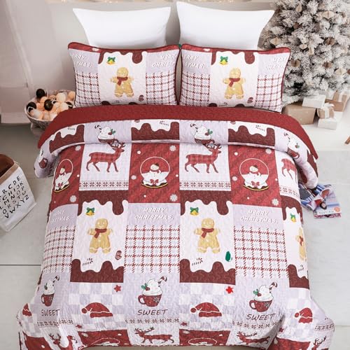 Drucon Christmas Quilt Set King Reversible Christmas Deer Snowflake Pattern Red Deer Plaid Patchwork Bedding Quilt Coverlet with 2 Pillowshams for All Season 104"x90"