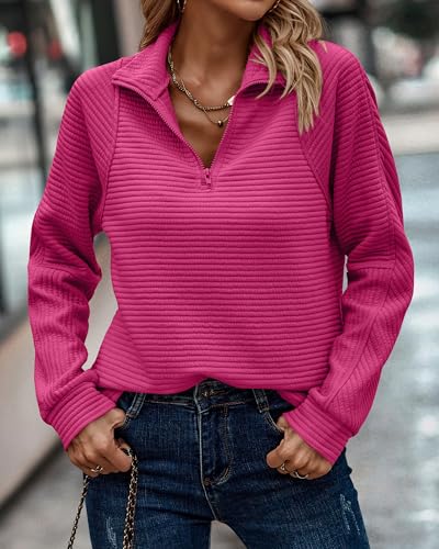 BTFBM Womens Fall Sweatshirts Half Zip Fashion Quilted Pattern Sweatshirts Pullover Shirts Tops(Solid Rose Red,Medium)