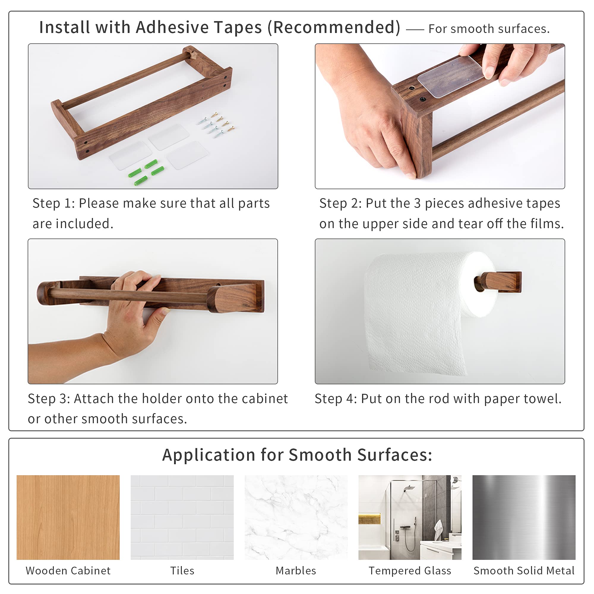 Wood-Paper-Towel-Holder-Under-Cabinet-Kitchen-Handmade - Wall Mounted/Adhesive No Drill Sturdy Roll Hanging Organizer, Horizontal Papertowel Dispenser Easytear, Handcraft Decor Gift Real Woodwork Home