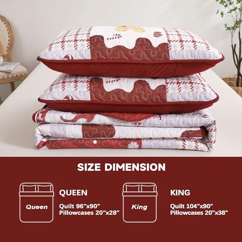 Drucon Christmas Quilt Set King Reversible Christmas Deer Snowflake Pattern Red Deer Plaid Patchwork Bedding Quilt Coverlet with 2 Pillowshams for All Season 104"x90"