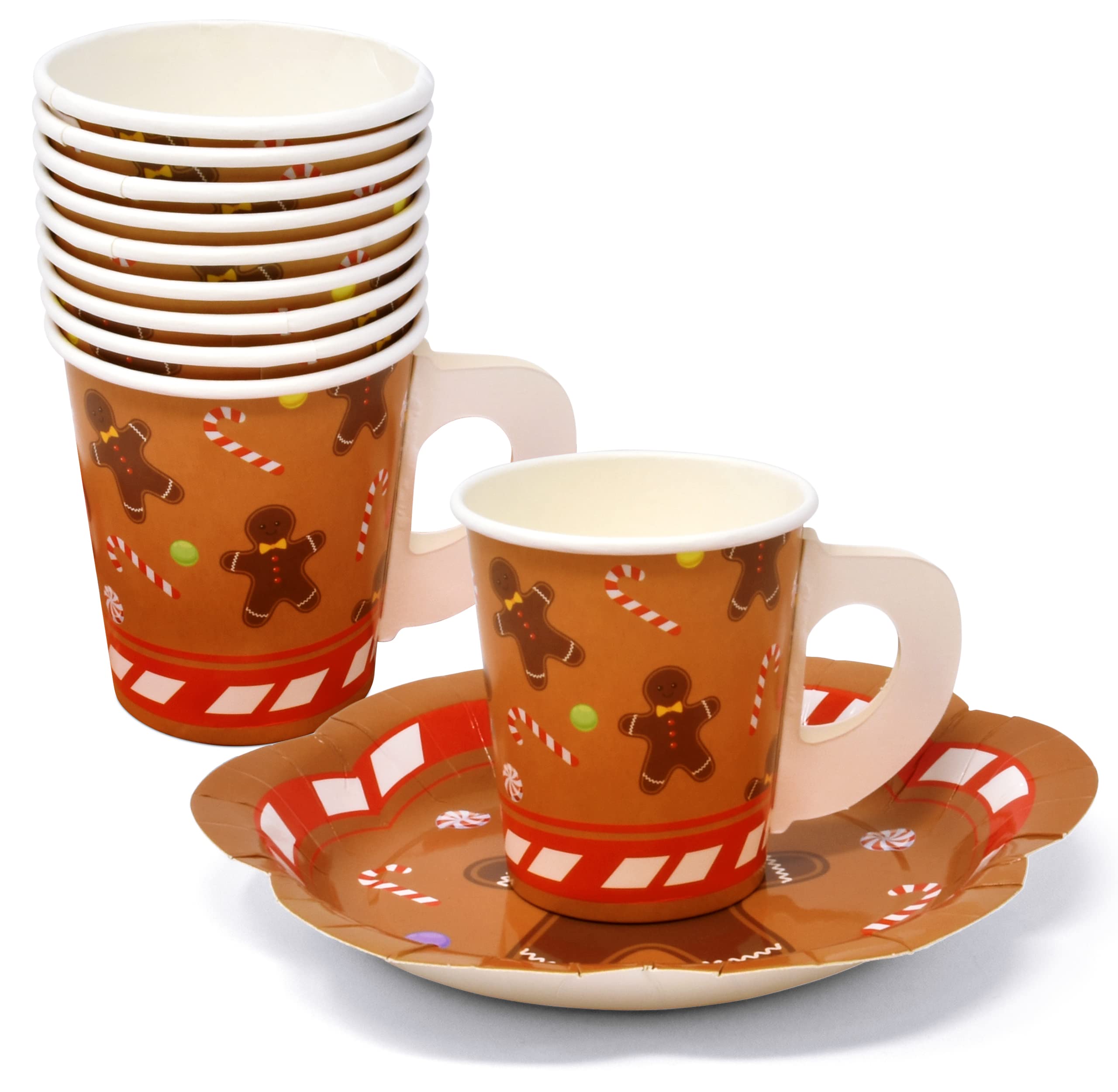 Gift Boutique 24 Disposable Christmas Gingerbread Party Cup 7 Oz 24 & 7" Paper Scallop Shaped Saucer Plates Set with Handle for Tea Hot Cocoa Chocolate Coffee Mugs Holiday Xmas Table Dinnerware Suppy