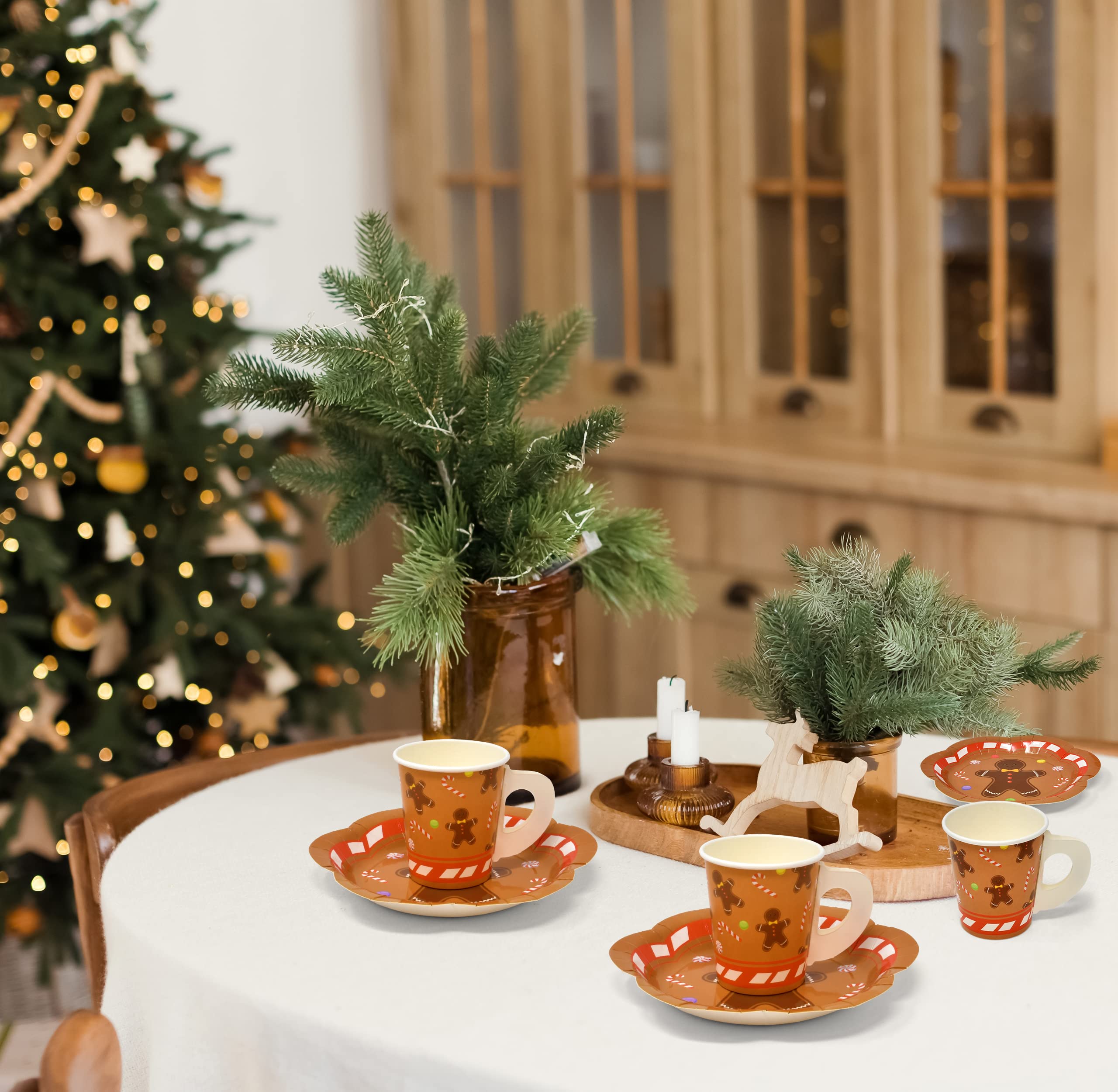 Gift Boutique 24 Disposable Christmas Gingerbread Party Cup 7 Oz 24 & 7" Paper Scallop Shaped Saucer Plates Set with Handle for Tea Hot Cocoa Chocolate Coffee Mugs Holiday Xmas Table Dinnerware Suppy