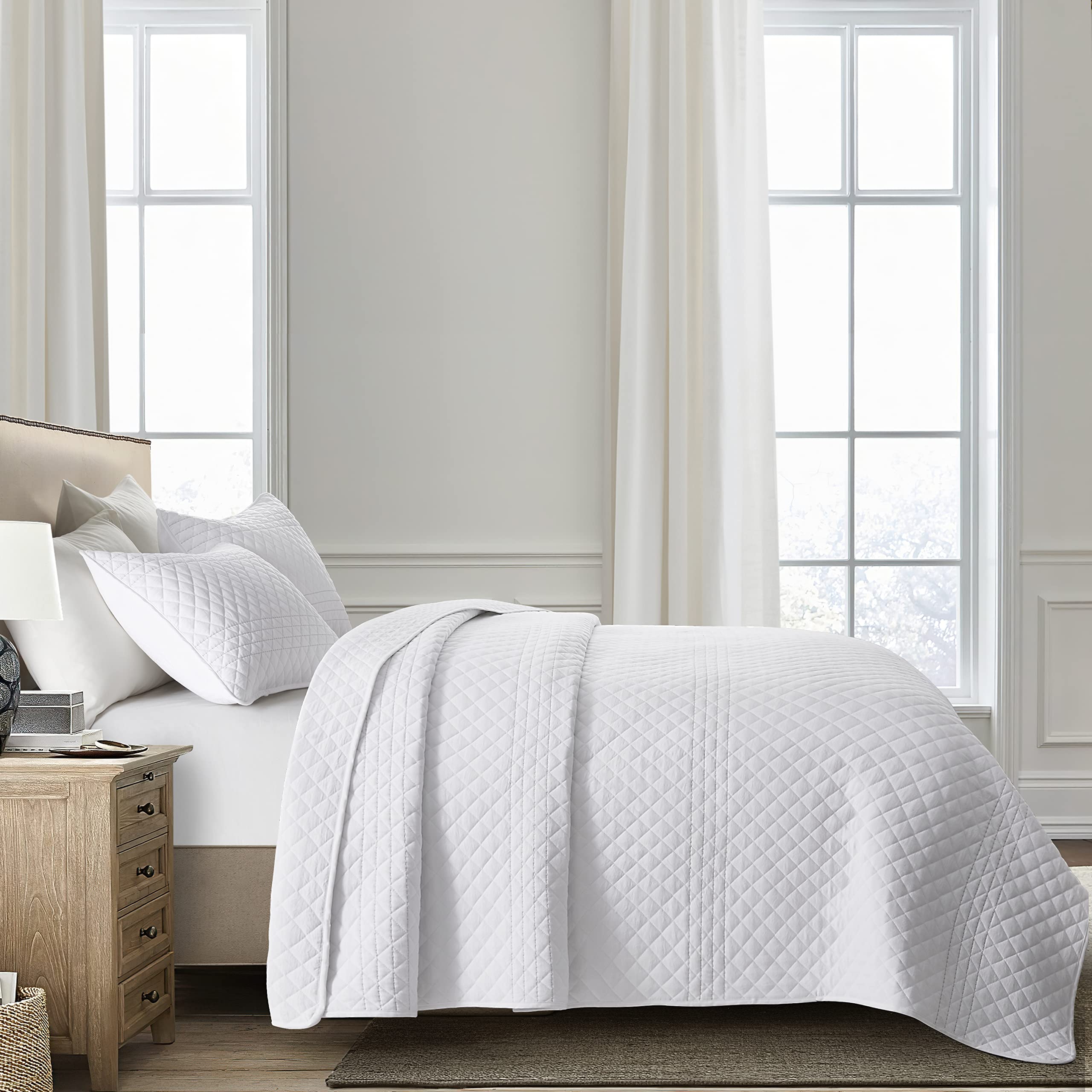 Bonlino Barley Bedding Quilt Set Bedspread - Lightweight Quilt Set Summer Farmhouse Modern Boho Style Striped Bedspread Coverlet with 2 Pillow Shams for Home Bedroom All Season (White, Oversized King)