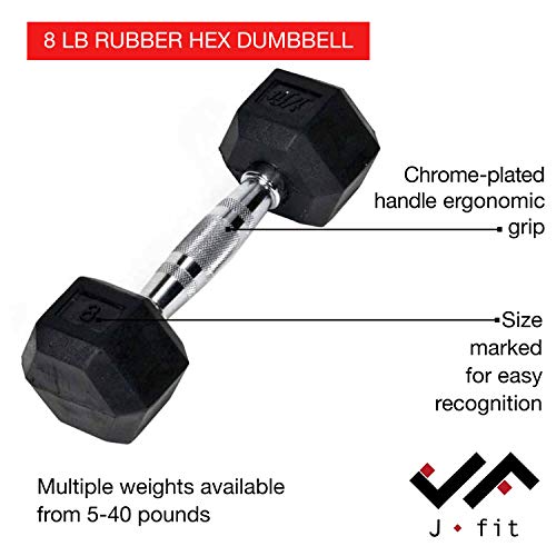 JFIT Rubber Hex Dumbbells, Single, 8 LB