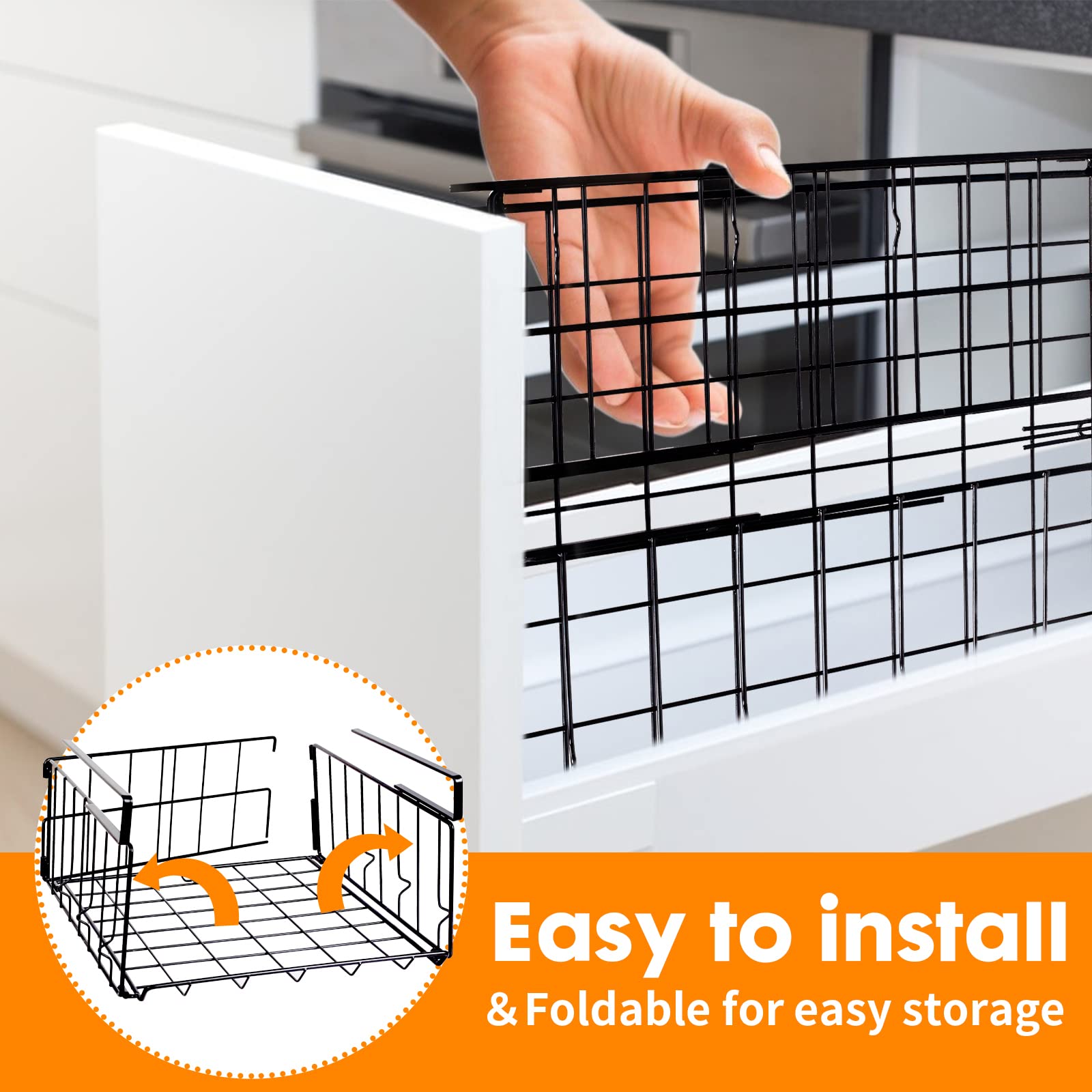 Hanging Under Shelf Storage Basket, 4 Pack Foldable Under Cabinet Metal Desk Storage Wire Rack Organizer for Kitchen Pantry Bookshelf Office Home, Easy to Install Slide-in Under Shelves (Black)