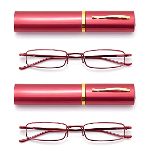 HIGHLIKE 2-Pack Slim Pocket Reading Glasses Men Women, Compact Readers Super Clear Lens, Spring Hinge Metal Frame Eyeglasses, Red Red 2.0 x