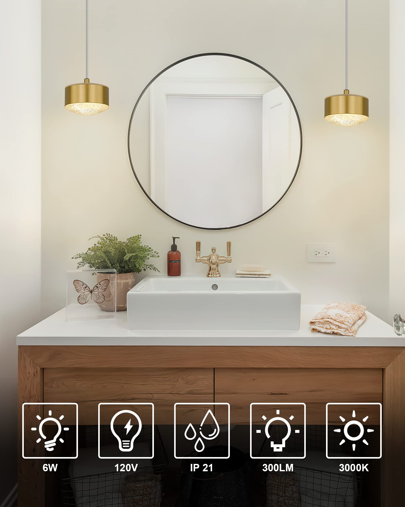 Ken & Ricky Gold LED Pendant Light Fixture, Mini Globe Hanging Light, Modern Island Lights for Kitchen Entryway Dinning Room Bathroom Bedroom - 1 Pack