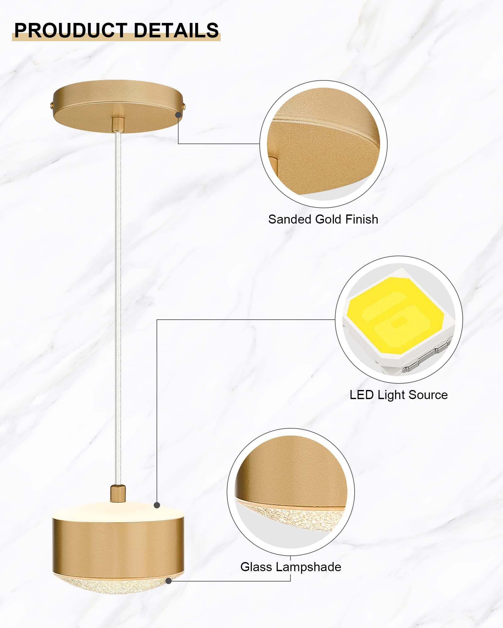 Ken & Ricky Gold LED Pendant Light Fixture, Mini Globe Hanging Light, Modern Island Lights for Kitchen Entryway Dinning Room Bathroom Bedroom - 1 Pack