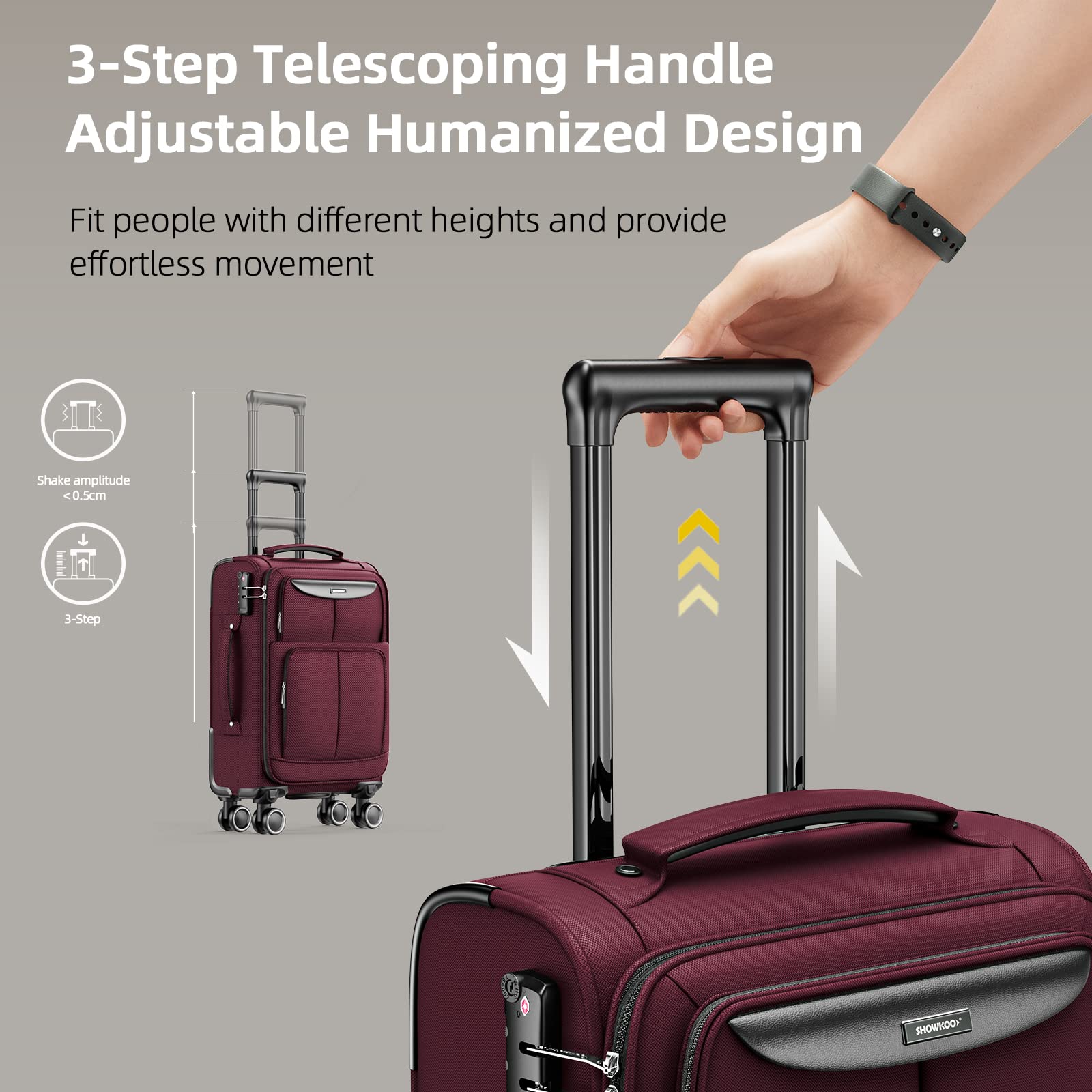 SHOWKOO Carry-on Luggage 2 Piece Softside Lightweight Durable Suitcase with Bag Tote Double Spinner Wheels TSA Lock Wine Red 20-inch