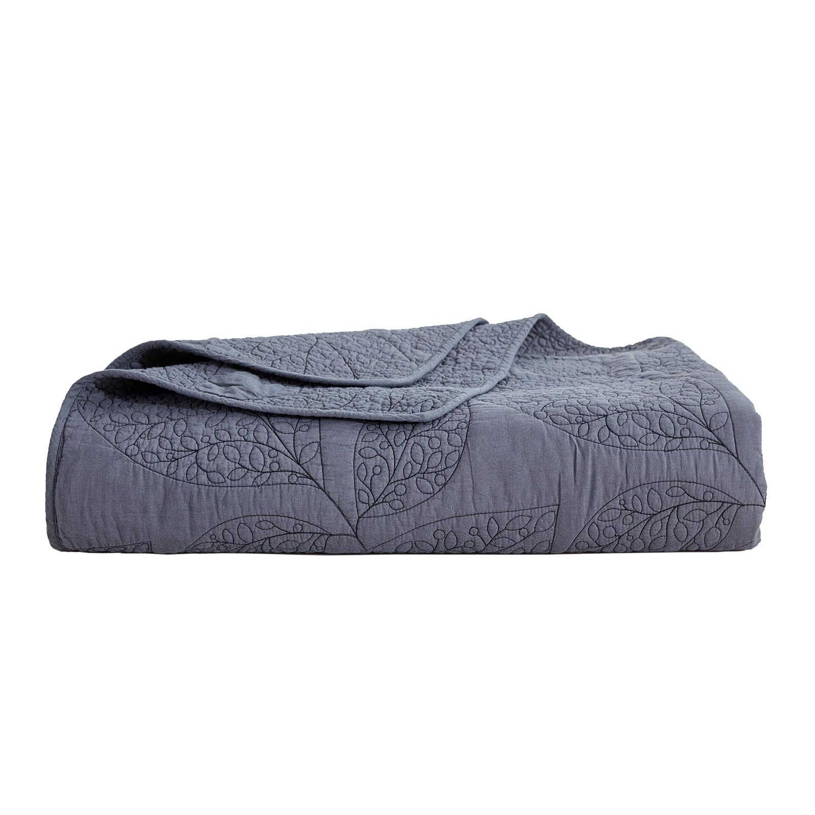 CHIXIN Botanical Cotton Quilt Queen Size - Real Stitching Leaf Pattern - Quilted Bedspread Coverlet Set, Ultra Soft, Lightweight, Reversible, 3 Piece, Dark Grey