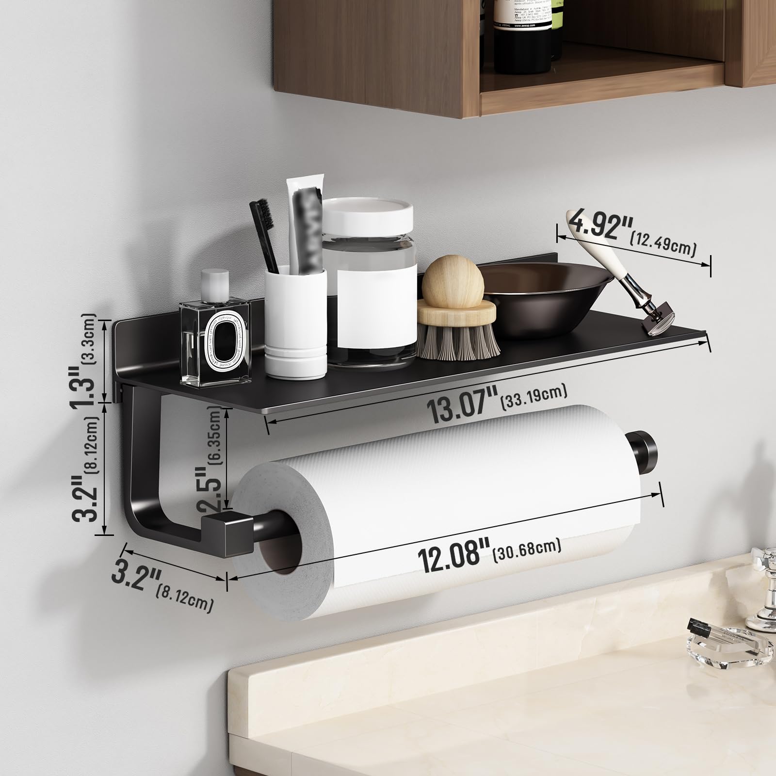 Danpoo Black Paper Towel Holder Wall Mount for Kitchen, Bathroom Paper Towel Holder with Shelf, Aluminum(Matte Black)