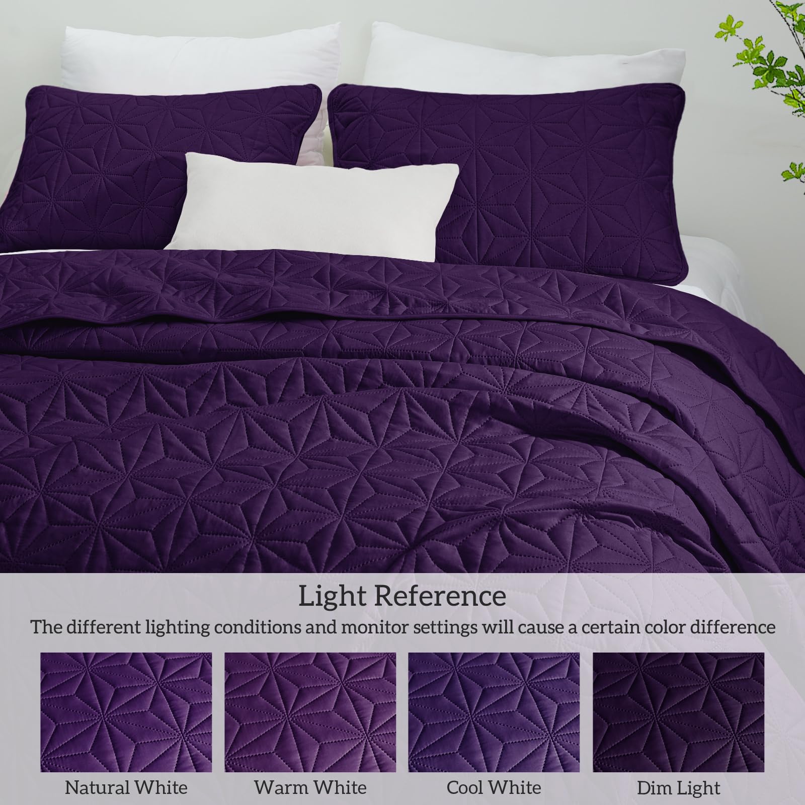 Whale Flotilla Queen Quilt Bedding Set, Soft Purple Bedspreads Quilts Queen Size for All Seasons, 3 Pieces Lightweight Geometric Star Pattern Coverlet
