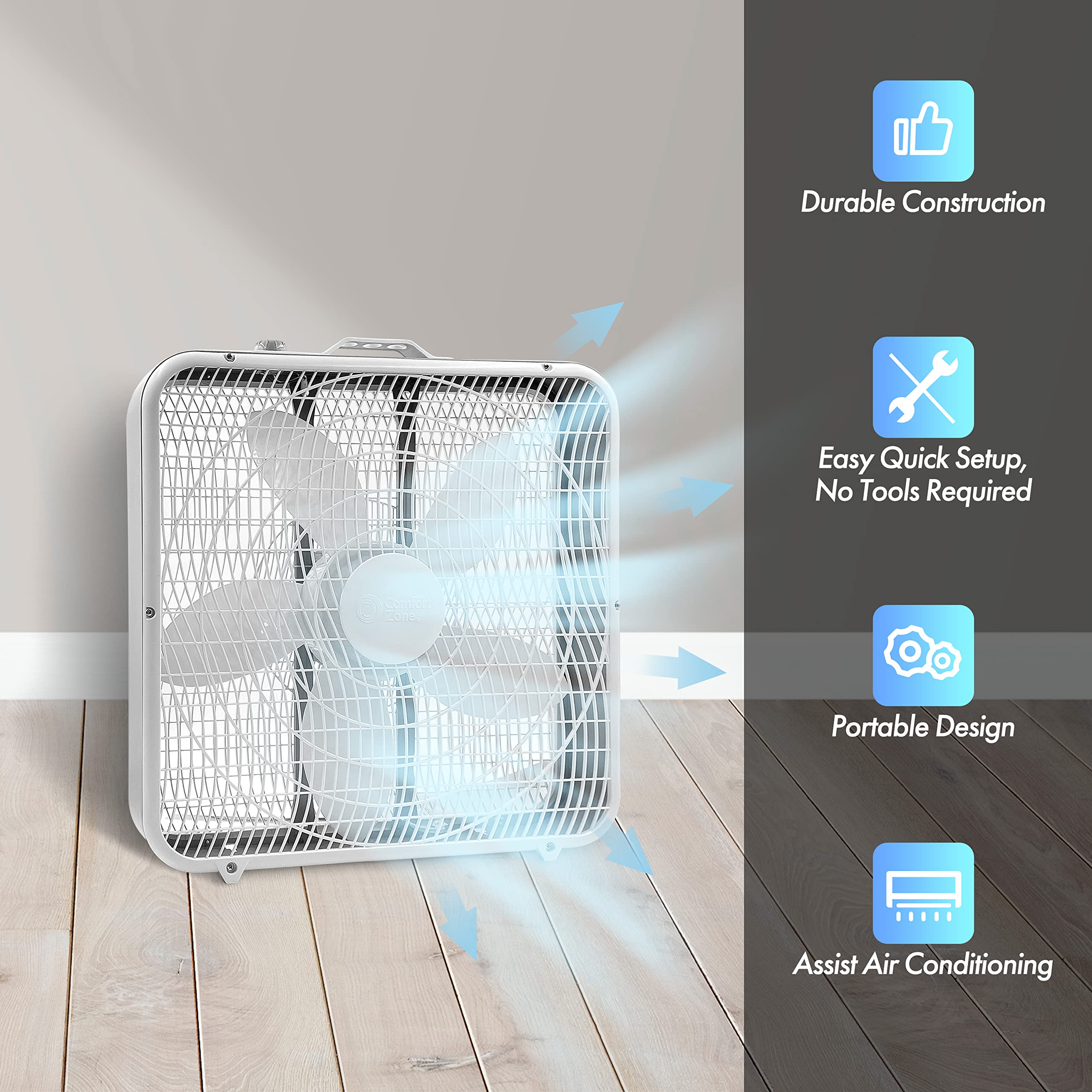 Comfort Zone CZ200A 20" 3-Speed Box Fan for Full-Force Air Circulation
