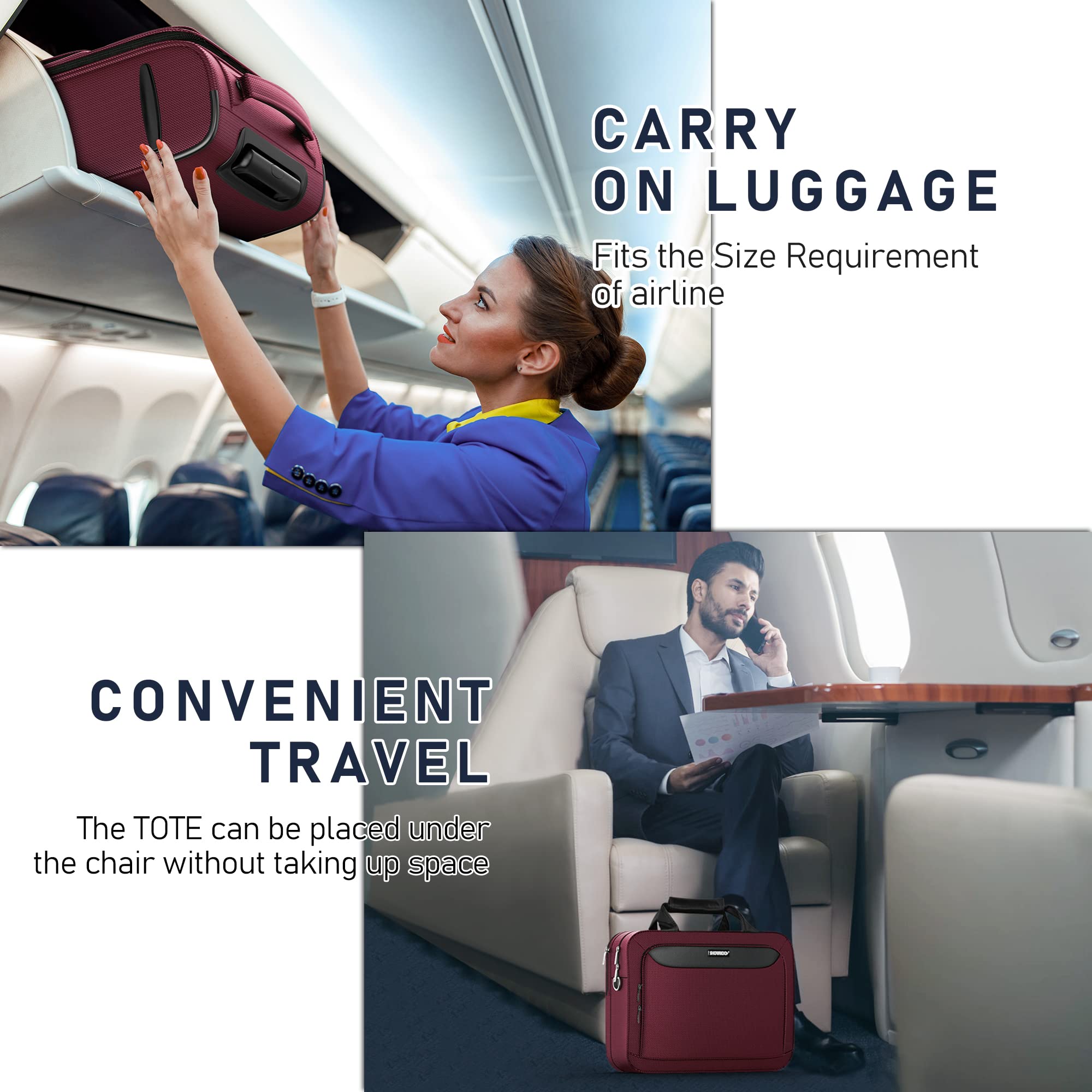 SHOWKOO Carry-on Luggage 2 Piece Softside Lightweight Durable Suitcase with Bag Tote Double Spinner Wheels TSA Lock Wine Red 20-inch