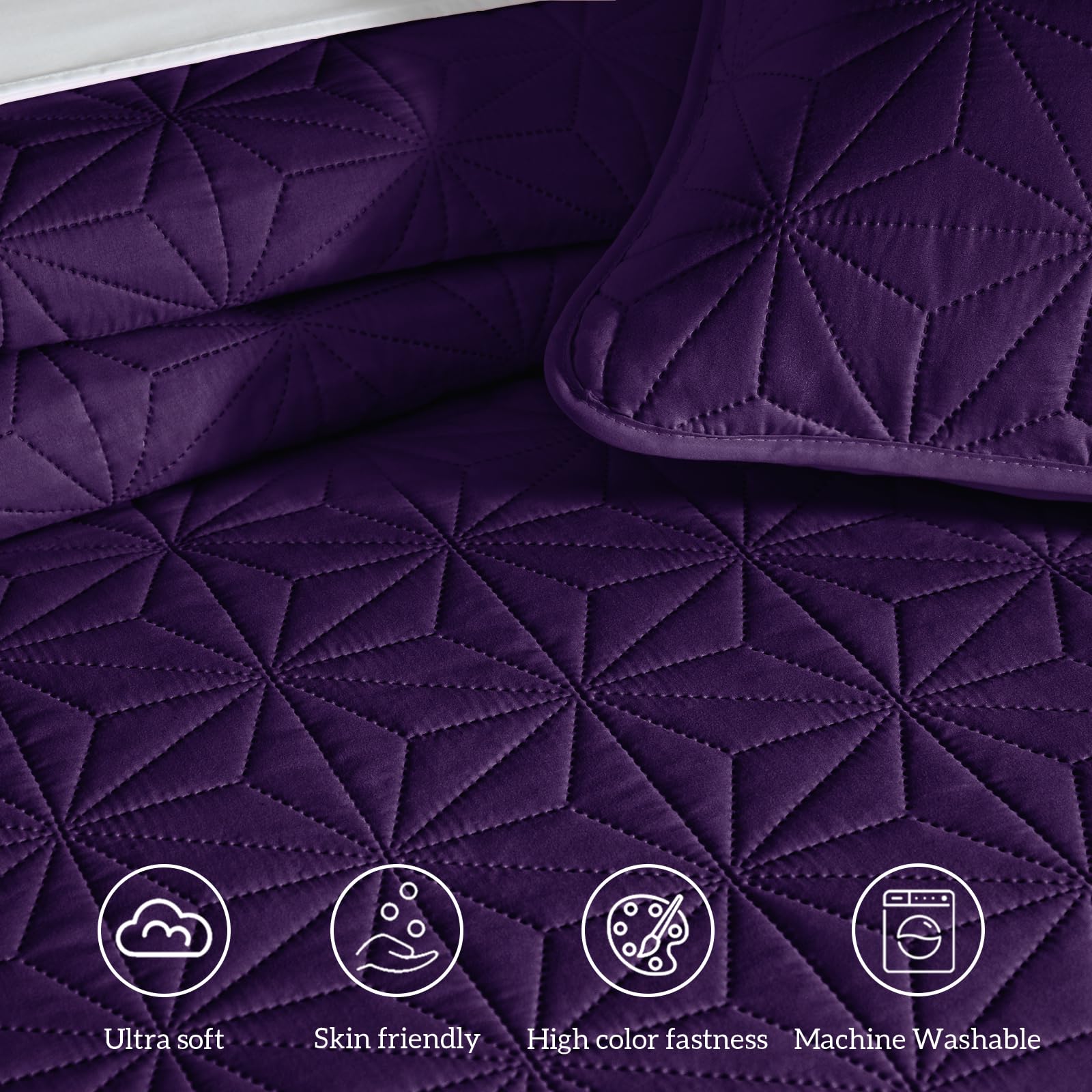 Whale Flotilla Queen Quilt Bedding Set, Soft Purple Bedspreads Quilts Queen Size for All Seasons, 3 Pieces Lightweight Geometric Star Pattern Coverlet