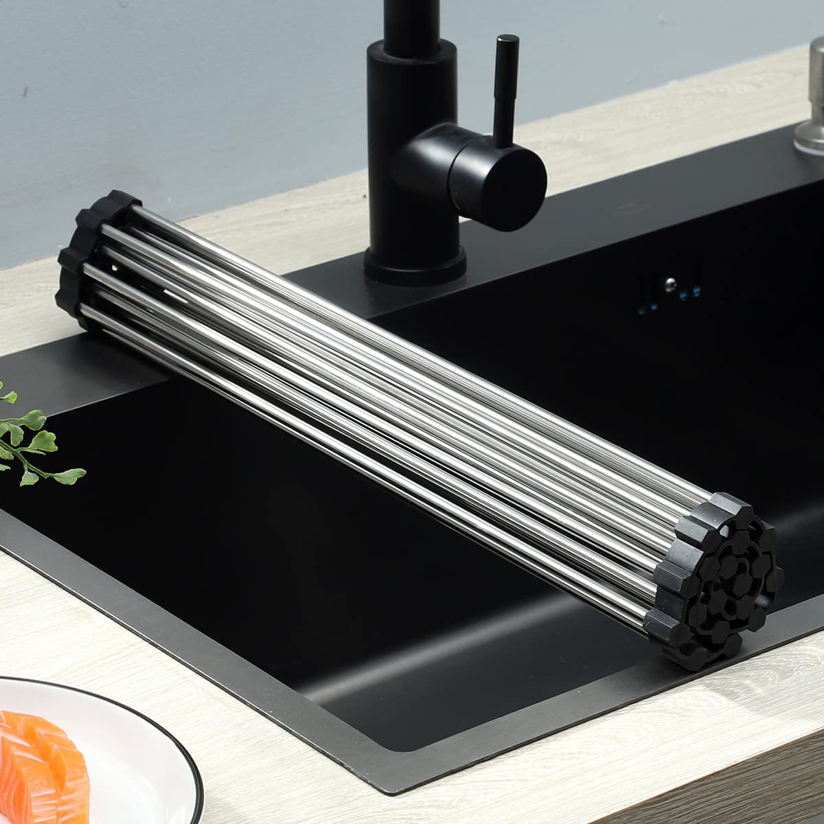 Homexpect Roll up Dish Drying Rack 17 inches x 13.5 inches, 304 Stainless Steel Over The Sink Dish Drying Rack, Foldable, Rollable and Easy to Store, Black