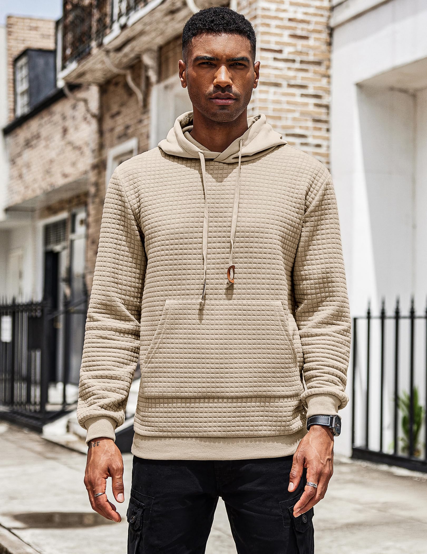 COOFANDY Men's Quilted Sweatshirt Casual Long Sleeve Outdoor Hoodies Pullover Hooded Khaki 3X-Large