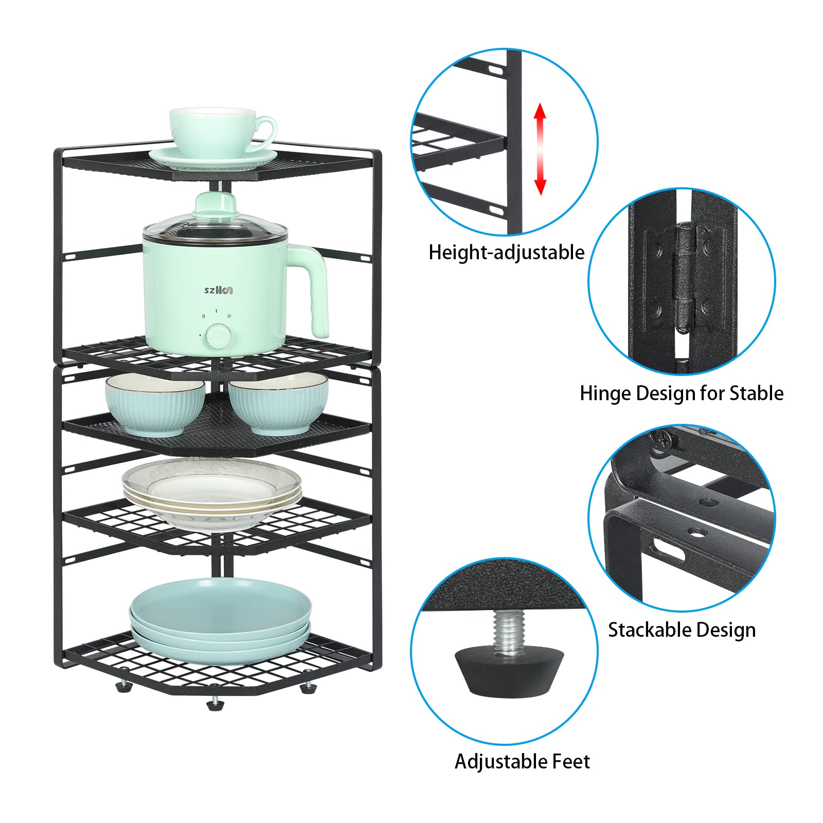 LUMAMU 2 Pack Stackable Corner Shelf Stand, Height Adjustable Cabinet Corner Rack, Countertop Shelf Organizers for Plates, Dishes, Cabinet & Pantry Kitchen Organization, Black