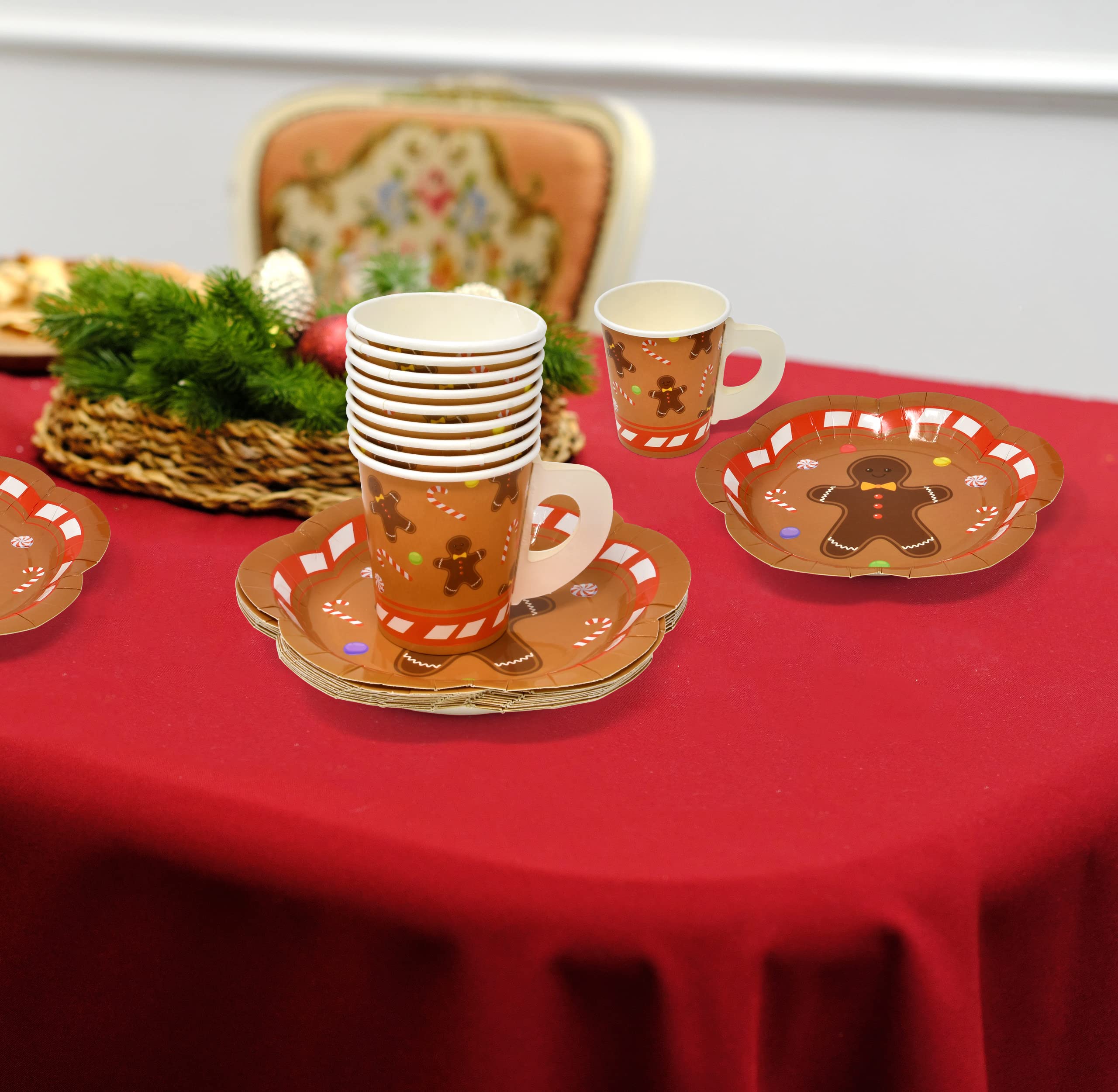 Gift Boutique 24 Disposable Christmas Gingerbread Party Cup 7 Oz 24 & 7" Paper Scallop Shaped Saucer Plates Set with Handle for Tea Hot Cocoa Chocolate Coffee Mugs Holiday Xmas Table Dinnerware Suppy