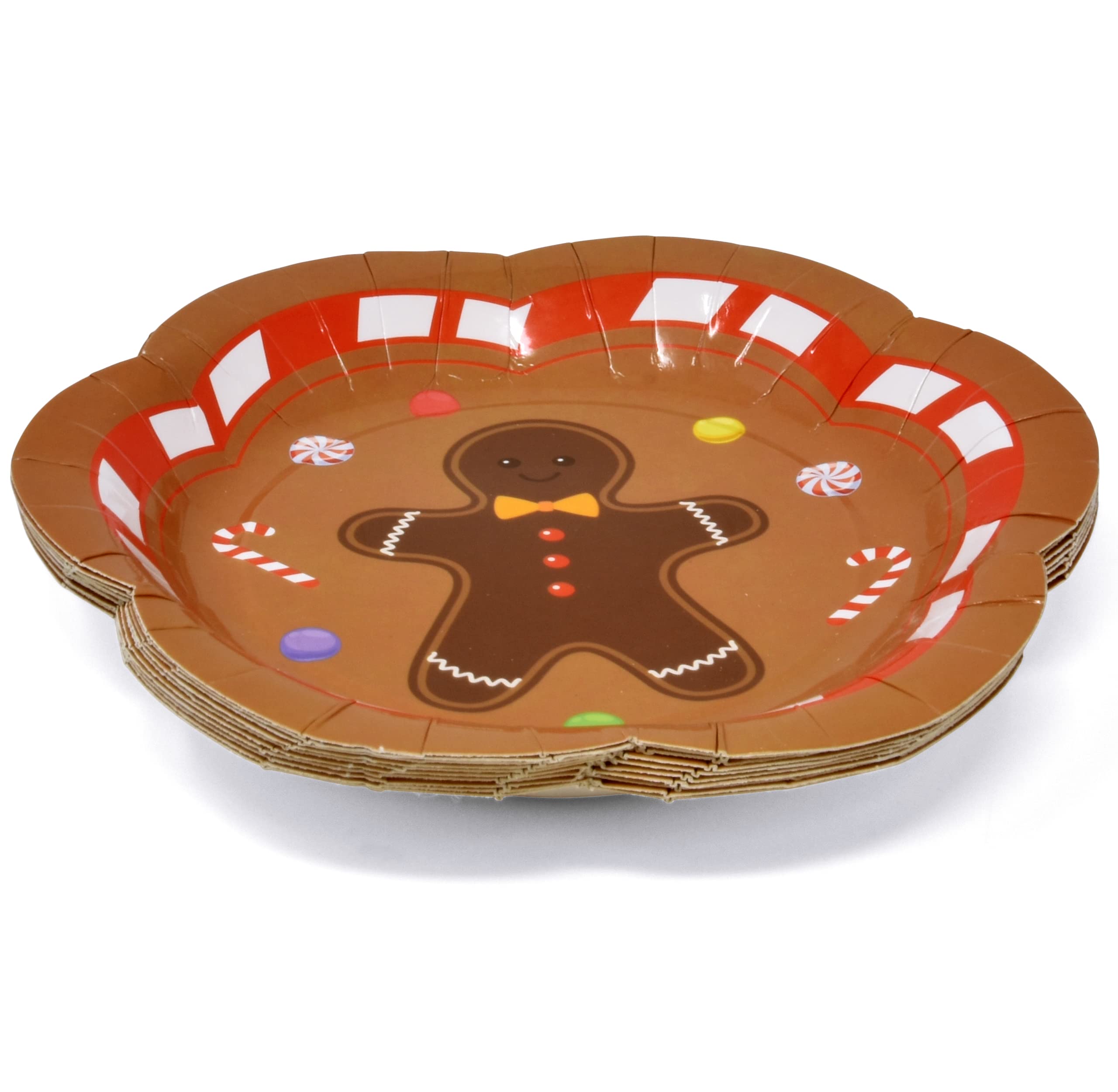 Gift Boutique 24 Disposable Christmas Gingerbread Party Cup 7 Oz 24 & 7" Paper Scallop Shaped Saucer Plates Set with Handle for Tea Hot Cocoa Chocolate Coffee Mugs Holiday Xmas Table Dinnerware Suppy