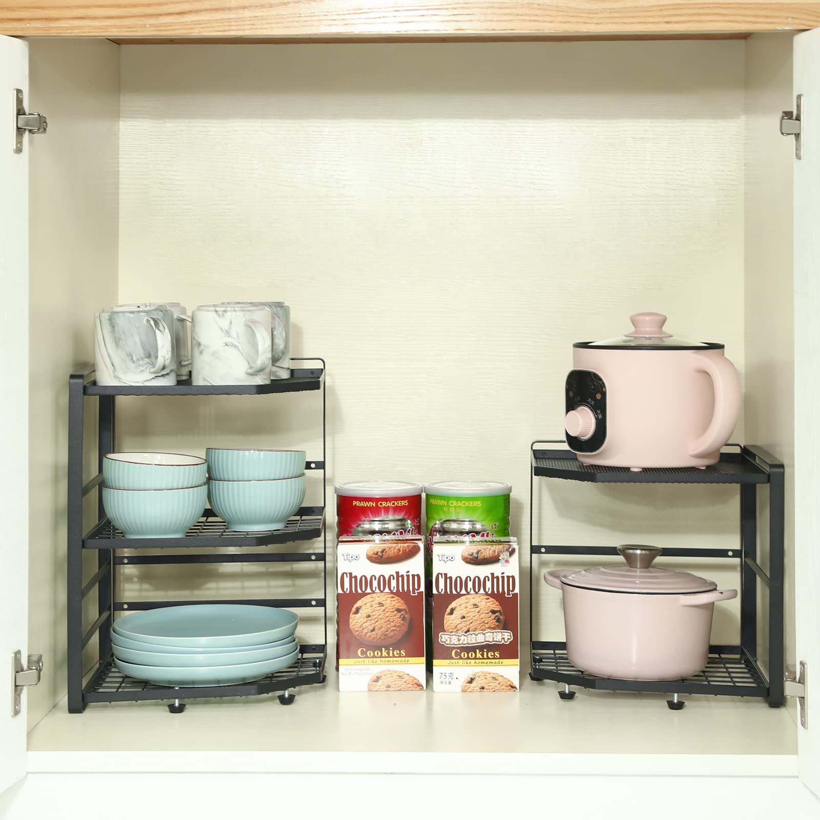 LUMAMU 2 Pack Stackable Corner Shelf Stand, Height Adjustable Cabinet Corner Rack, Countertop Shelf Organizers for Plates, Dishes, Cabinet & Pantry Kitchen Organization, Black