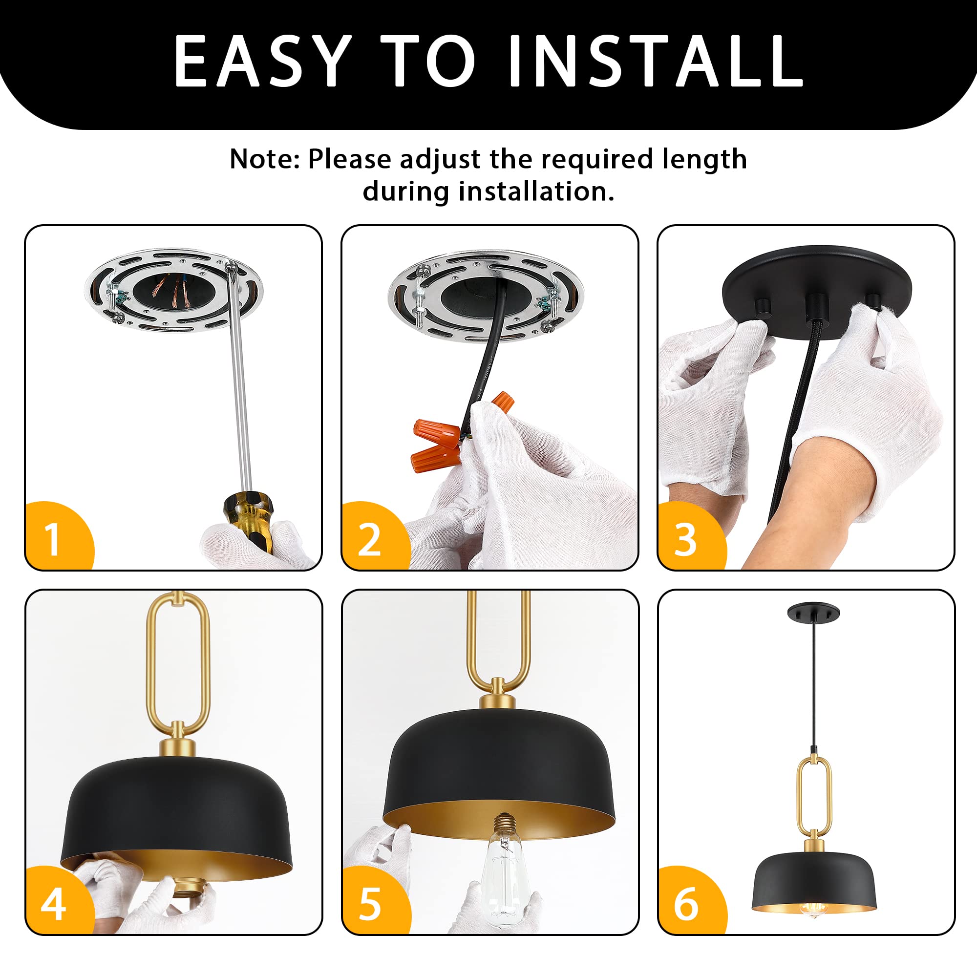 Giiland Industrial Pendant Lighting Fixture, 3-Pack Black Metal Shade Hanging Light for Kitchen Island Dining Room, Adjustable Length Dome Chandeliers