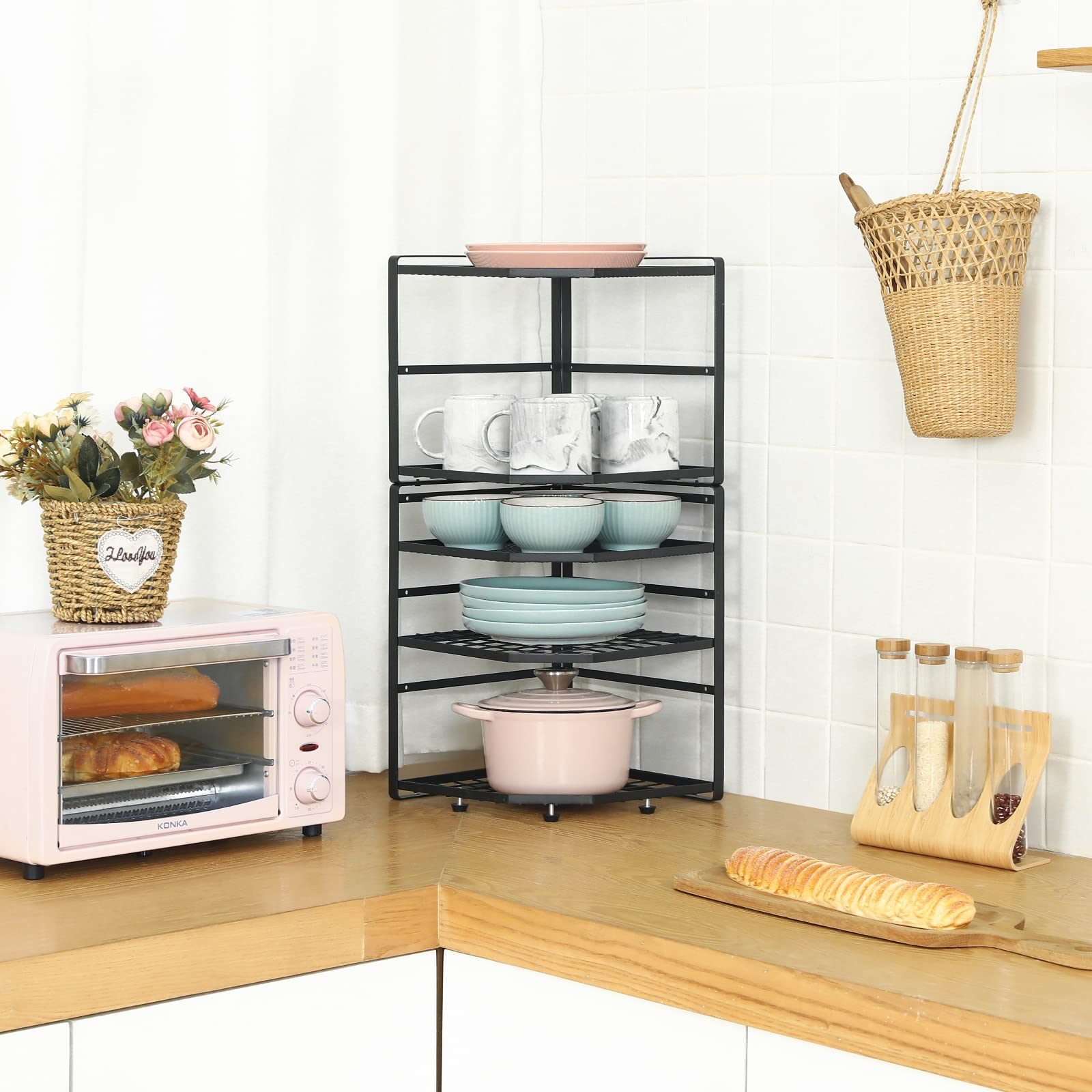 LUMAMU 2 Pack Stackable Corner Shelf Stand, Height Adjustable Cabinet Corner Rack, Countertop Shelf Organizers for Plates, Dishes, Cabinet & Pantry Kitchen Organization, Black