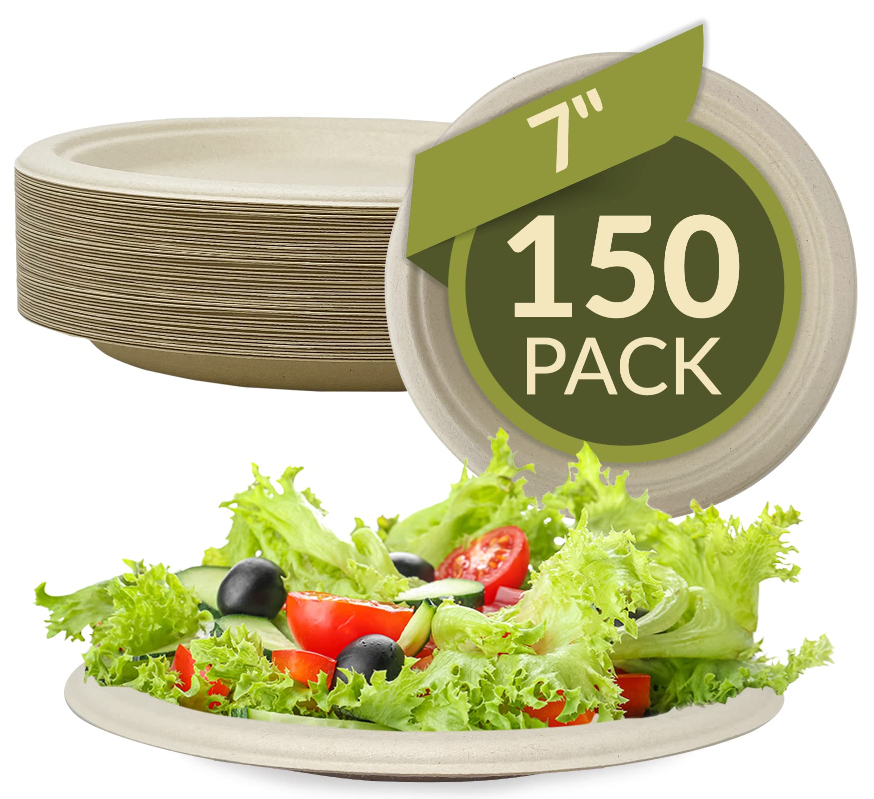 Reli. Compostable Paper Plates, 7 Inch (150 Pack Bulk) | Brown Disposable Plates 7" | Heavy Duty Paper, Eco Friendly | Made of Sugarcane Fibers/Bagasse - Biodegradable (Natural), Small