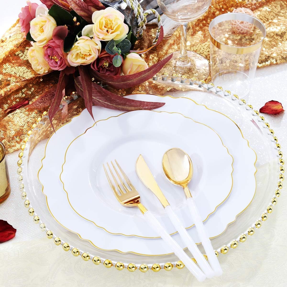 WDF 60pcs White and Gold Plastic Plates - Baroque White With Gold of 30 Heavy Duty Gold dinner plates 10.25inch, 30 Salad Plates 7.5inch