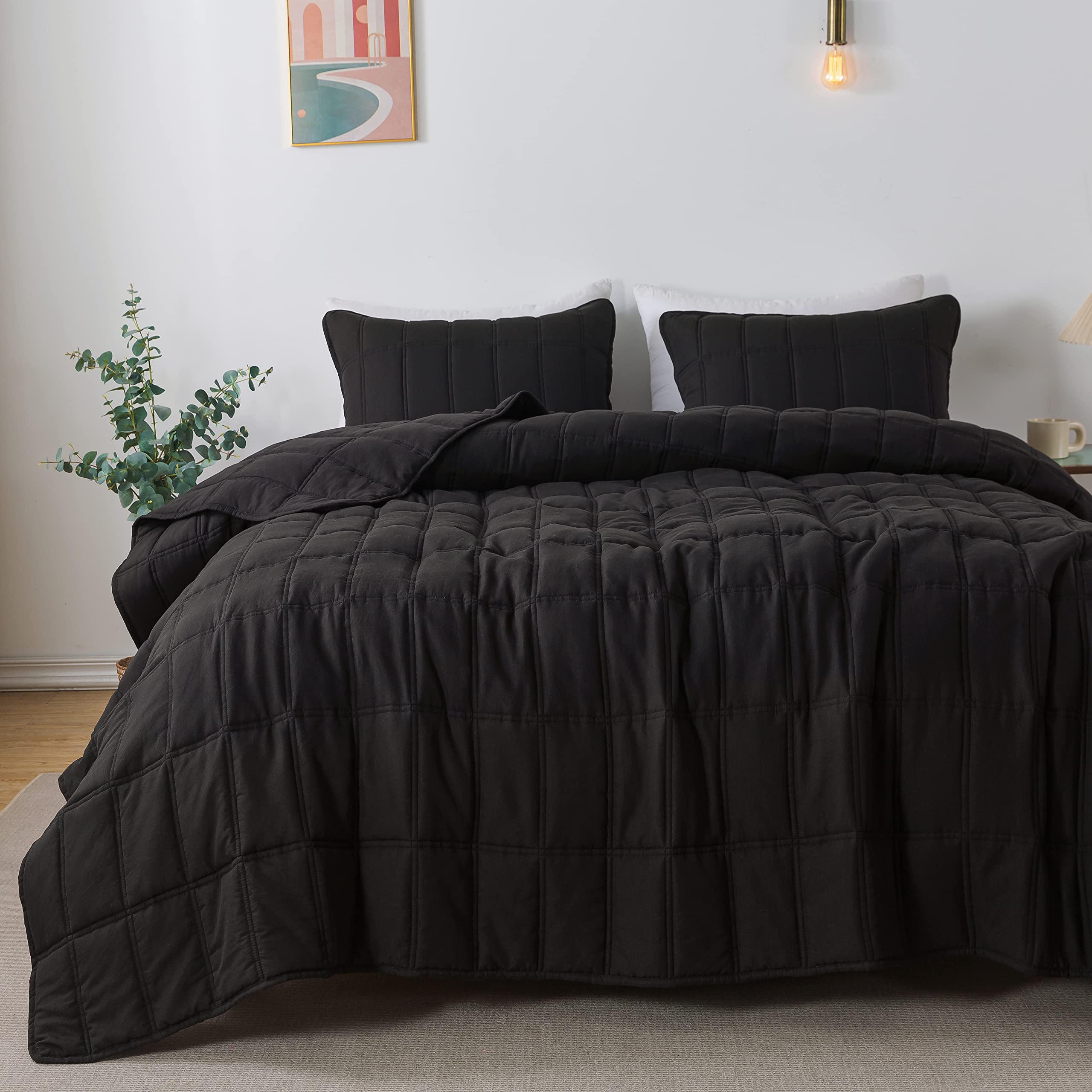 palassio Black Quilt Queen Size Bedding Sets with Pillow Shams, Lightweight Soft Bedspread Coverlet, Quilted Thin Blanket Comforter Bed Cover for All Season Spring Summer, 3 Pieces, 90x90 inches