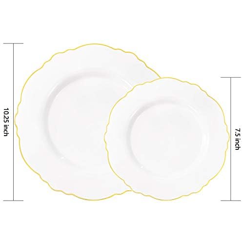 WDF 60pcs White and Gold Plastic Plates - Baroque White With Gold of 30 Heavy Duty Gold dinner plates 10.25inch, 30 Salad Plates 7.5inch